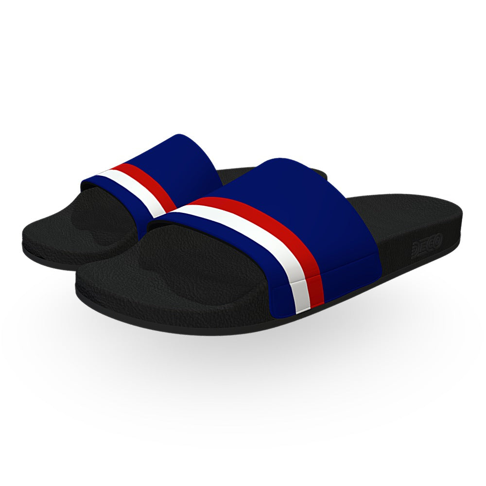 Red White and Blue Track Stripe Slide Sandals & Deco Slides