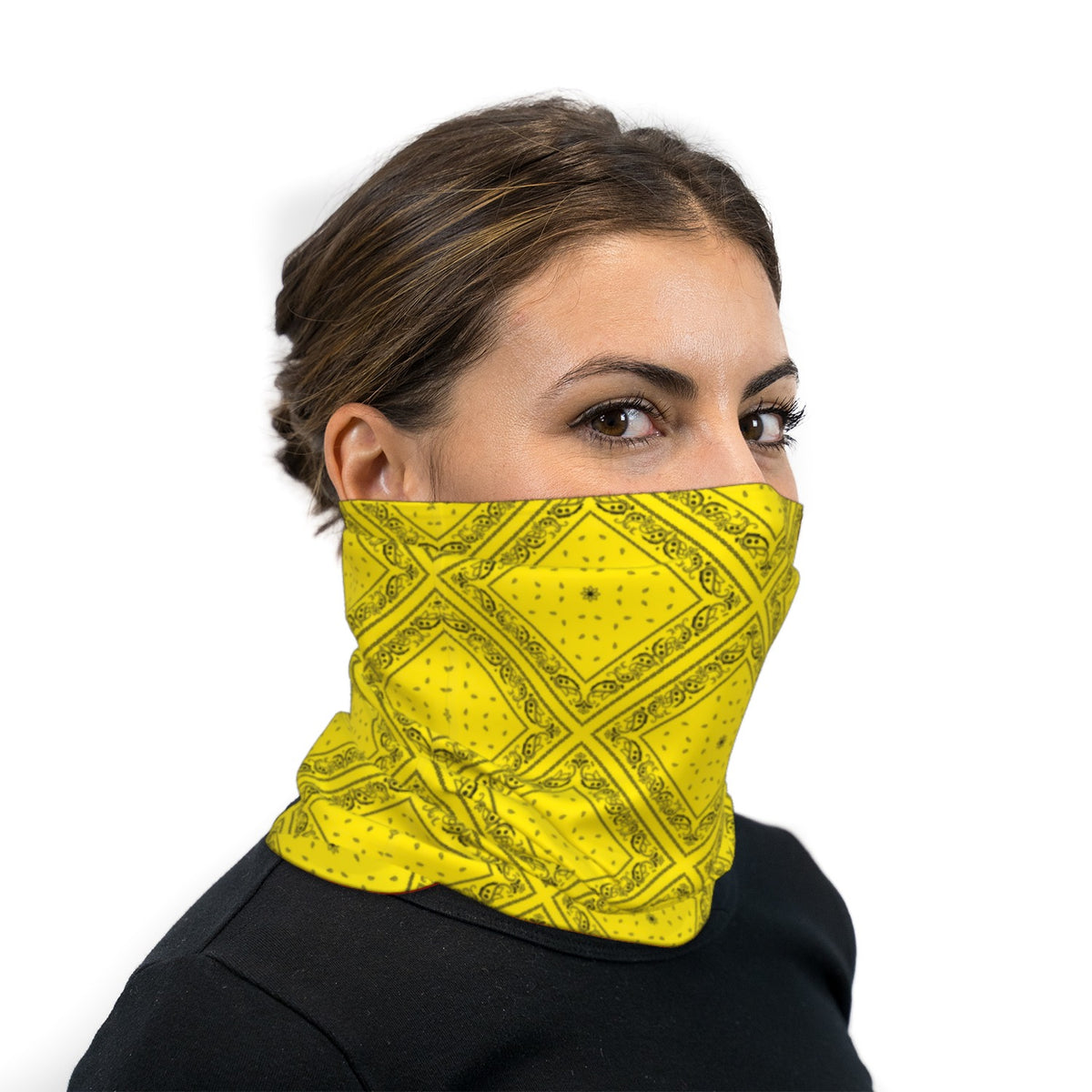 Yellow and Black Bandana Paisley Neck Gaiter Face Mask & Deco Slides