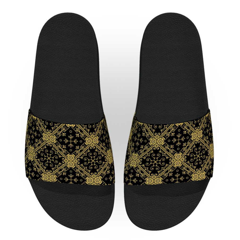 Intricate Black and Gold Pattern Slide Sandals & Deco Slides